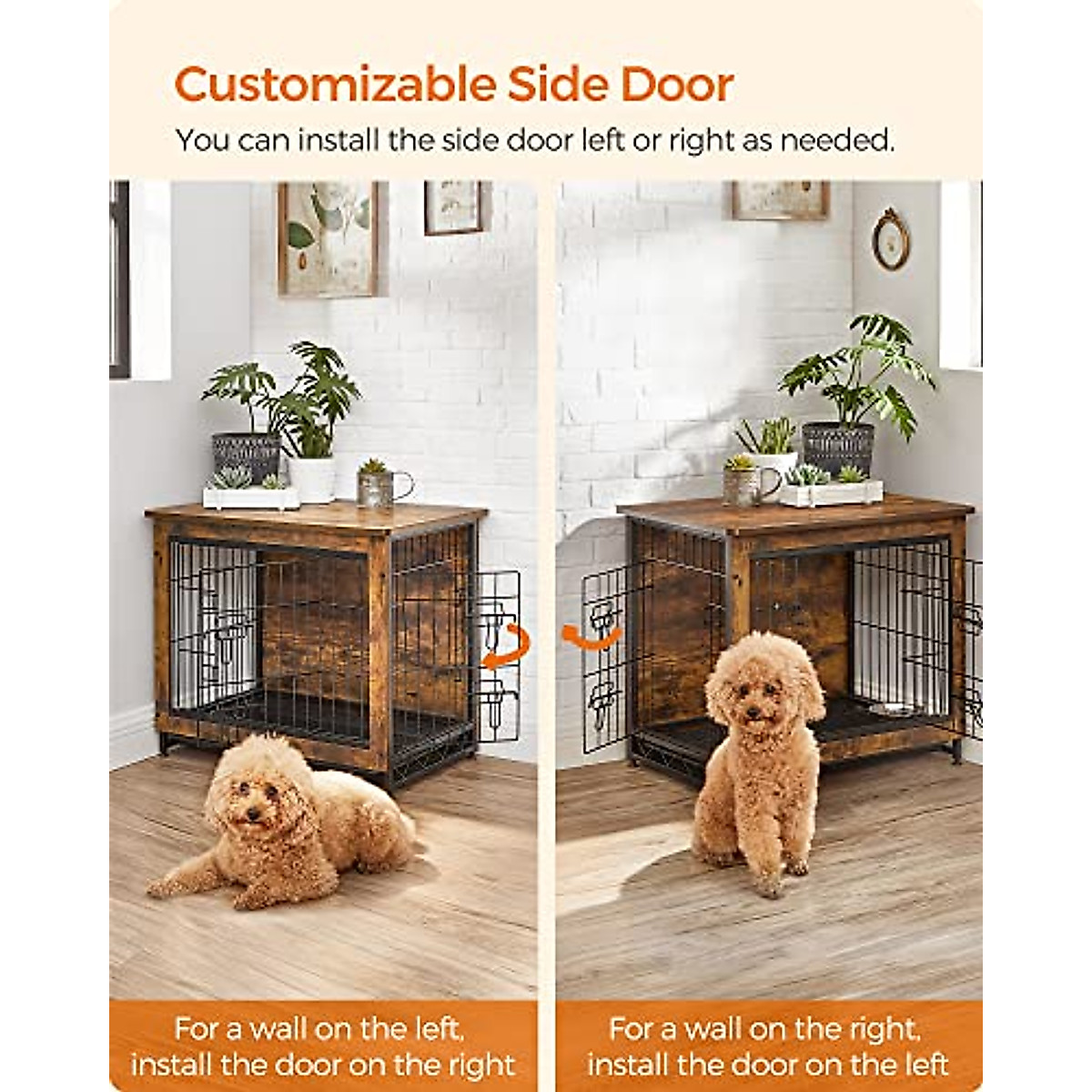 FEANDREA Dog Crate Furniture, Side End Table, Modern Kennel for Dogs Indoor up to 30 lb, Heavy-Duty Dog Cage with Multi-Purpose Removable Tray, Double-Door Dog House, Rustic Brown UPFC001X01