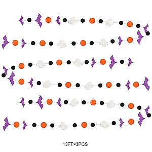 39Ft Halloween Party Decoration Garland Streamers Purple Bat White Ghost Black Orange Circle Dot Hanging Paper Banner Bunting for Halloween All Hallows Eve Birthday Home Fireplace Decor Supplies