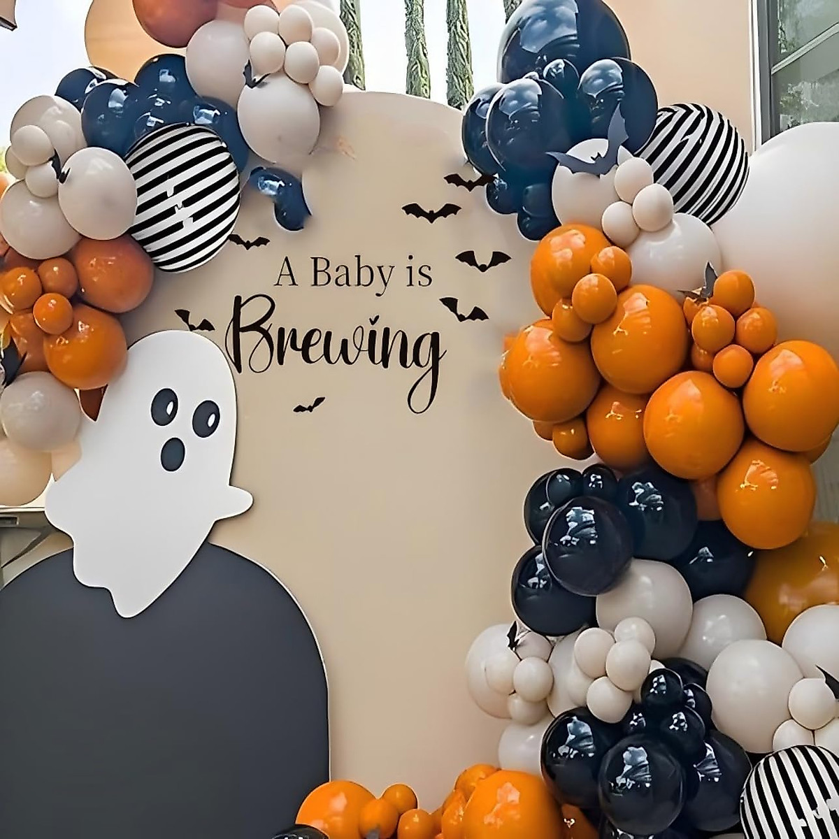 A Baby is Brewing with Bats for Baby Shower Welcome Sign Decal, Halloween Witchy Baby Shower, October Baby Shower, Fall Season Baby，Haunted House Backdrop for Halloween (Baby is Brewing Decal)