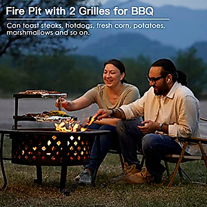 PaPaJet 36 Inch Fire Pit with 2 Grill, Outdoor Wood Burning Firepit with Lid, Metal Round Table for Backyard Patio Garden Picnic Camping Bonfire