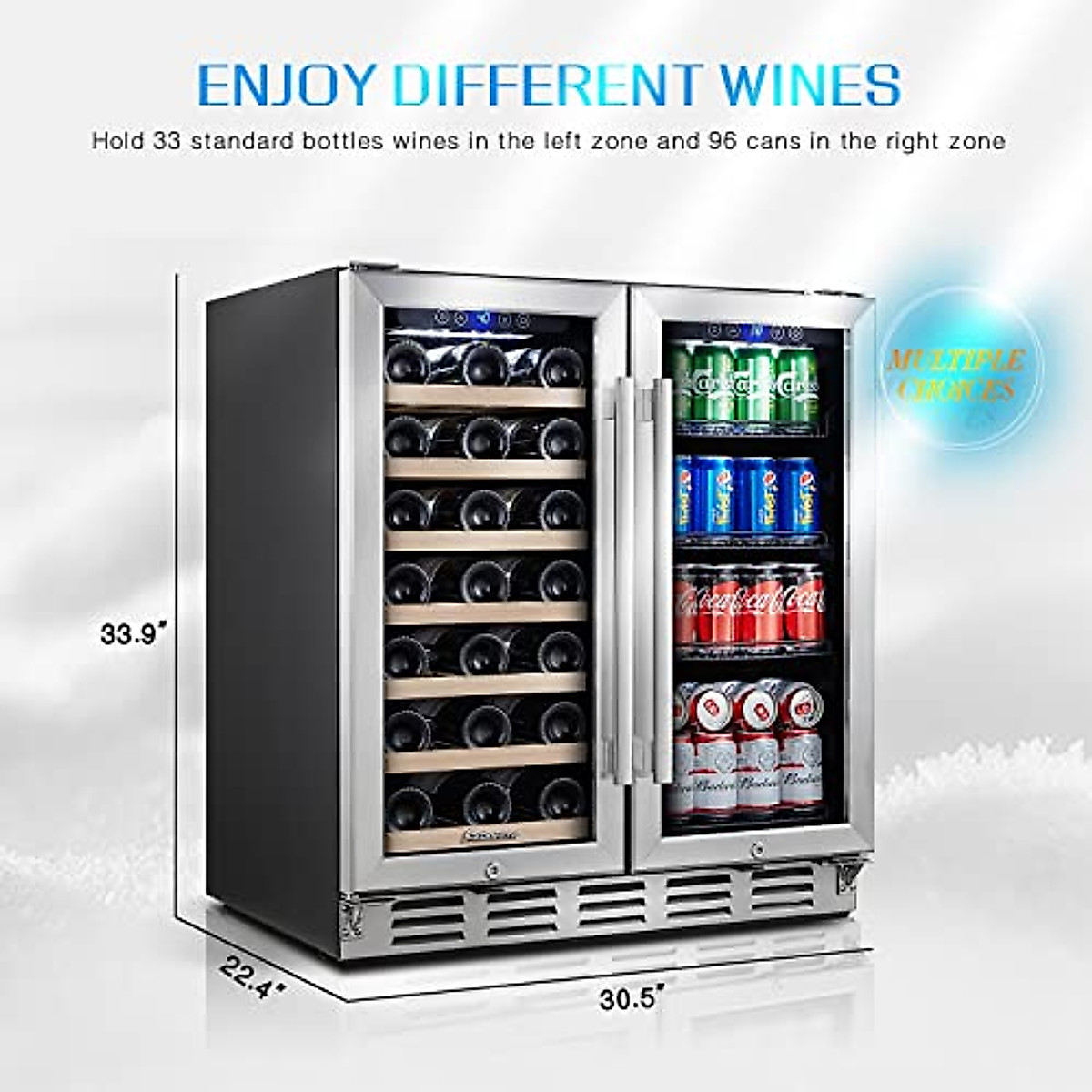 Kalamera Wine cooler, 30 inch Built in Wine and Beverage Refrigerator, Dual Zone w/ 33 Bottles and 96 Cans Capacity, Digital Touch Control