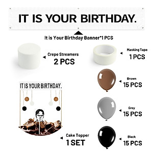 The Office Birthday Decorations with It Is Your Birthday Banner, Cake Topper, Balloons 50Pcs Full Kit, 12 Inches Grey Brown Black Balloons Packs for colleagues Boss Birthday Office Party Decorations