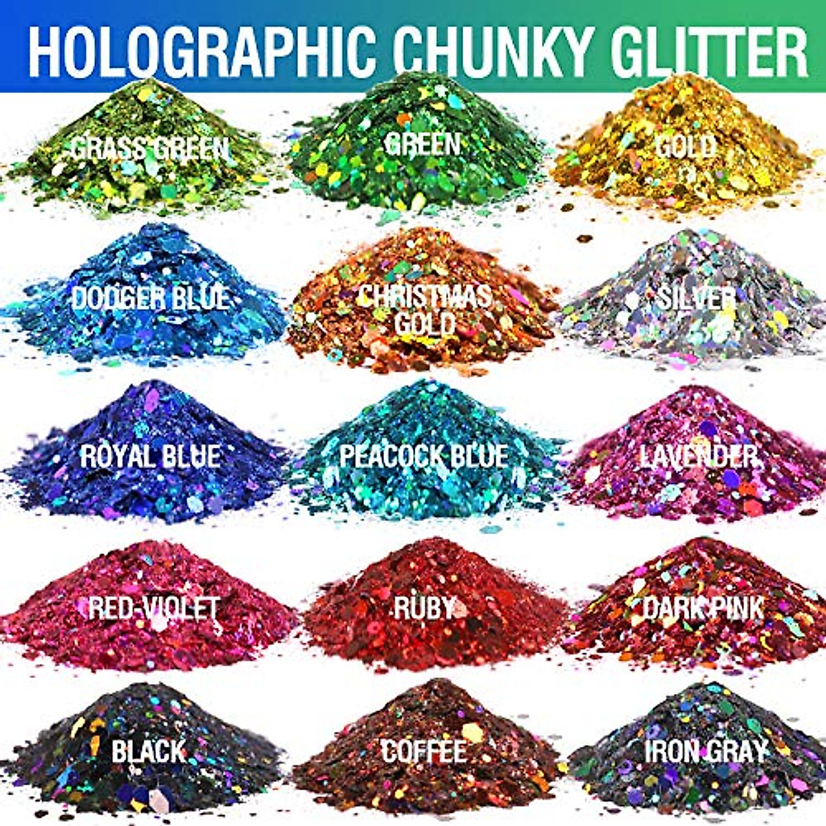Holographic Chunky Glitter, 15 Colors Craft Glitter for Resin, LEOBRO Nail Glitter, Festival Cosmetic Eye Hair Face Body Glitter, Glitter Flakes Sequins for Epoxy Resin Tumbler DIY Arts Crafts