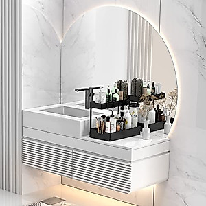 Mastom Under Sink Organizers and Storage, Kitchen Bathroom Sink Organizer with Hooks, 2 Tier L Shaped Pull Out Under Cabinet Basket Storage with Sliding Drawers, Black