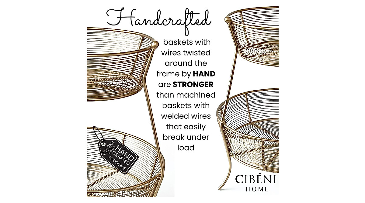 CIBENI Gold 2-Tier Fruit Basket Stand - Handcrafted Kitchen