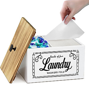 Ukonvi Dryer Sheet Container for Laundry Room Organization and Storage, Wood Laundry Pods Container with Lid, White Dryer Sheet Holder for Laundry Room Decor
