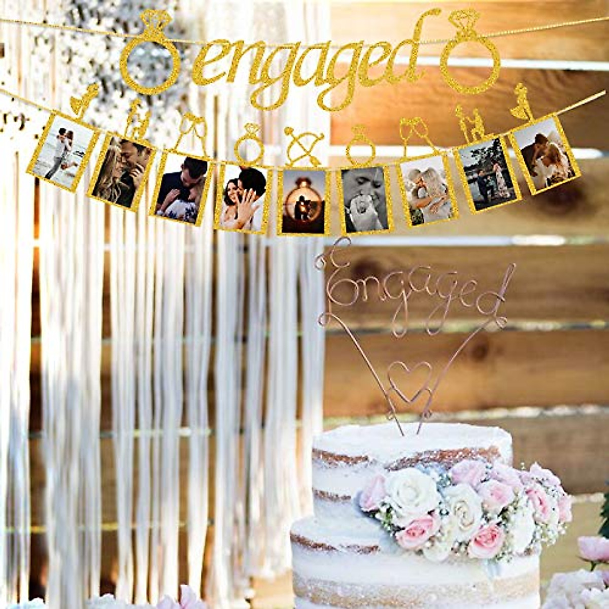 Engagement Wedding Decorations, Gold Engaged Banner and Photo Banner with Romantic Memories Picture Card Frames for Engaged / Wedding / Anniversary / Valentines Day Party