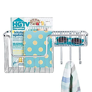 mDesign Metal Wire Wall Mount Entryway Storage Organizer Mail Basket Holder with 3 Hooks, 2 Compartments - for Organizing Letters, Magazines, Keys, Coats, Leashes - Chrome