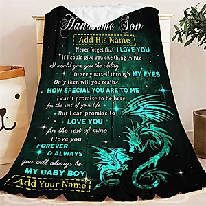 Personalized to My Son Dragon Blanket from Mom Dad 60x80 Inches Lightweight Flannel Throws Custom Name Gift for Boy Men Super Soft Comfy Blankets Birthday Christmas Decor Couch Sofa