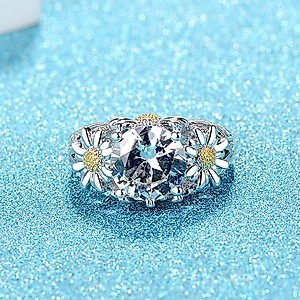 THJEW Womens Round Cut CZ Cubic Zirconia Ring,S925 Sterling Silver Dainty Cute Blooming Daisy Flower Floral Ring Jewelry for Women (Ring_C, 6)