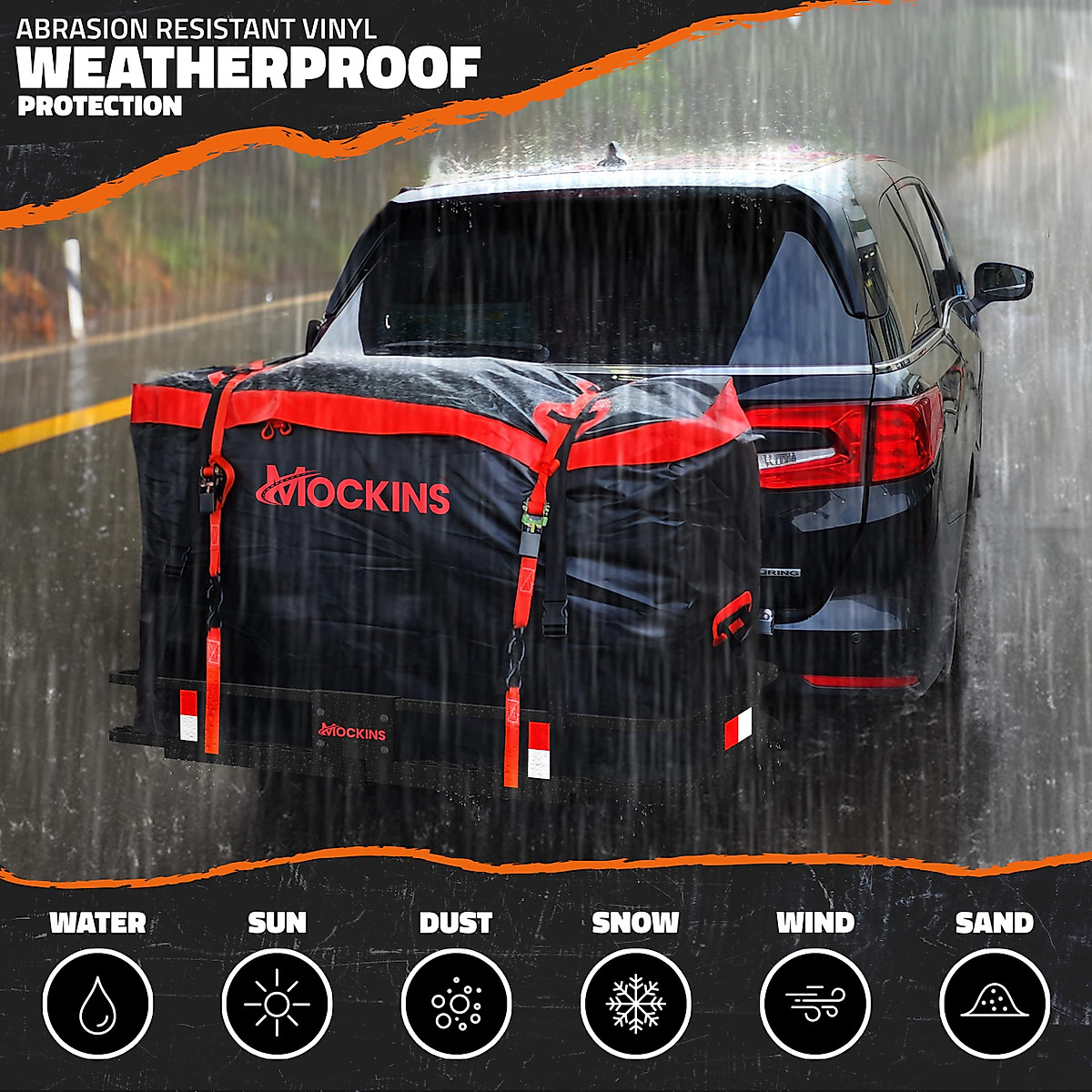 Mockins 48"x18"x6" Heavy Duty Trailer Hitch Cargo Carrier & 15CuFt Waterproof Cargo Bag for Hitch Carrier w/ 4 Packing Cubes | Folding Luggage Rack for SUV/Car & Cargo Carrier Hitch Mount Accessories