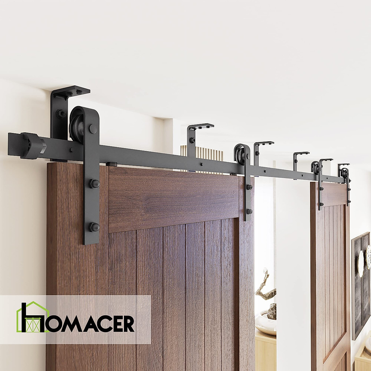 Homacer Black Rustic Ceiling Mount Non-Bypass Sliding Barn Door Hardware Kit, for Two/Double Doors, 10ft Long Flat Track, Interior Use Only (Doors are not Included)