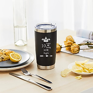 Set of 2 10th Wedding Engagement Anniversary Tumblers for Couples Parents 20 Ounce Stainless Steel Insulated Car Tumbler Travel Mug Mr Right Mrs Always Right 10 Years Anniversary Funny Present
