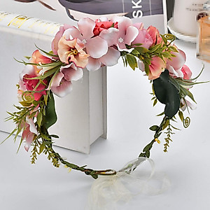 LLinfflr Women Floral Crown Boho Flower Headband Hair Wreath Floral Halo Headpiece with Ribbon Wedding Party Photos Rosy