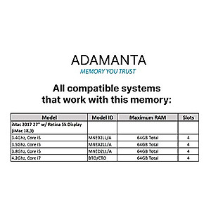 Adamanta 64GB (4x16GB) Memory Upgrade Compatible for 2017 Apple iMac 27" Retina 5K Display DDR4 2400MHz PC4-19200 SODIMM 2Rx8 CL17 1.2v Dual Rank RAM DRAM