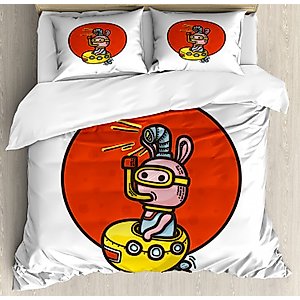 Ambesonne Yellow Submarine Duvet Cover Sets, Little Alien Cartoon in Spaceship Periscope Over Moon Planet, Bedding Set with 2 Duvet Covers & 4 Pillowcases, 2 Pack Queen Size, White Red