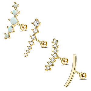 FIBO STEEL 4 Pcs 16G Cartilage Stud Earrings for Women Opal CZ Bar Helix Conch Daith Piercing Jewelry Set Gold-tone