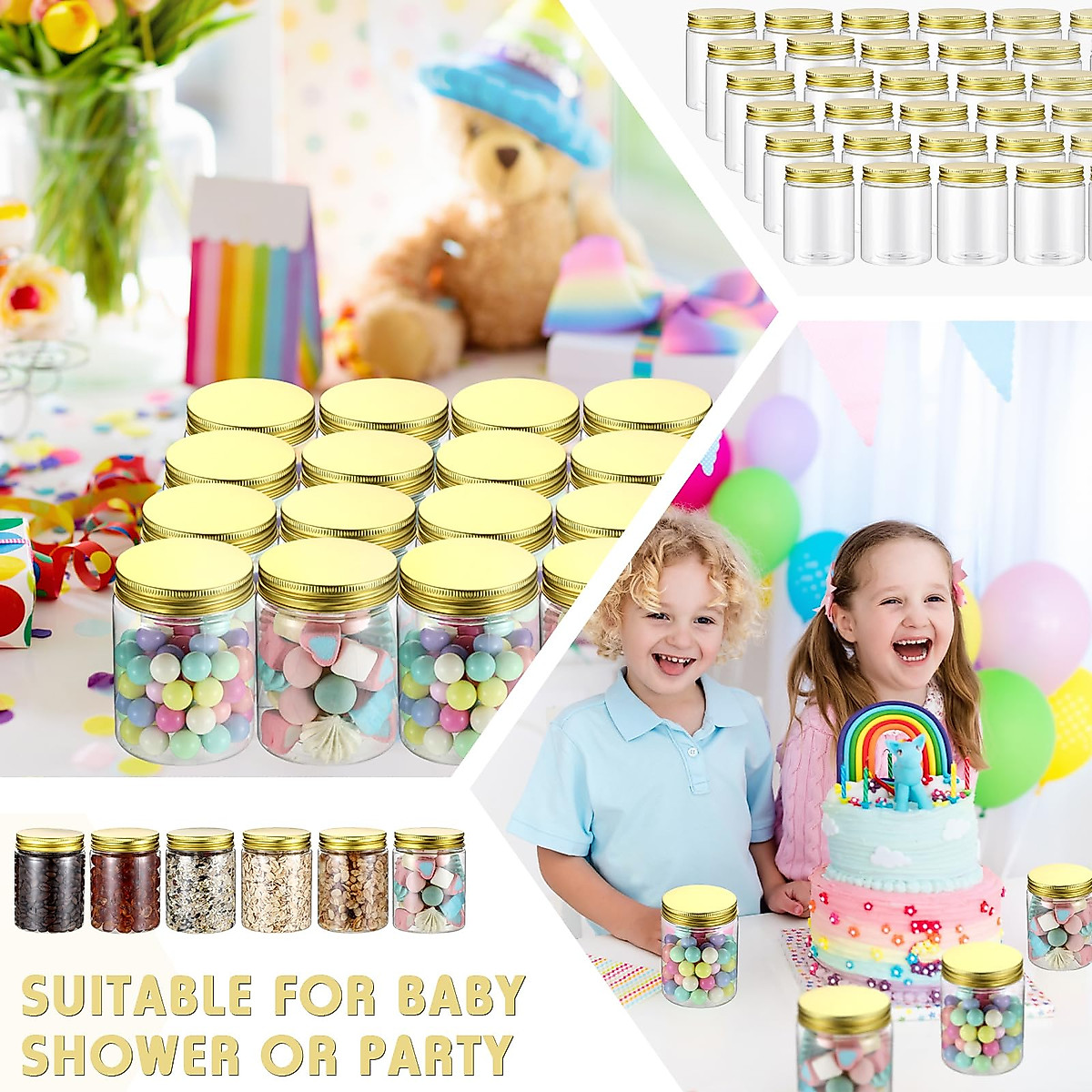 Wesiti 60 Pcs 8 oz Clear Plastic Jars Empty Plastic Storage Containers Refillable Plastic Mason Jars with Metal Golden Lids Transparent Round Canning Jars for Spice Dry Food Honey Herb Kitchen