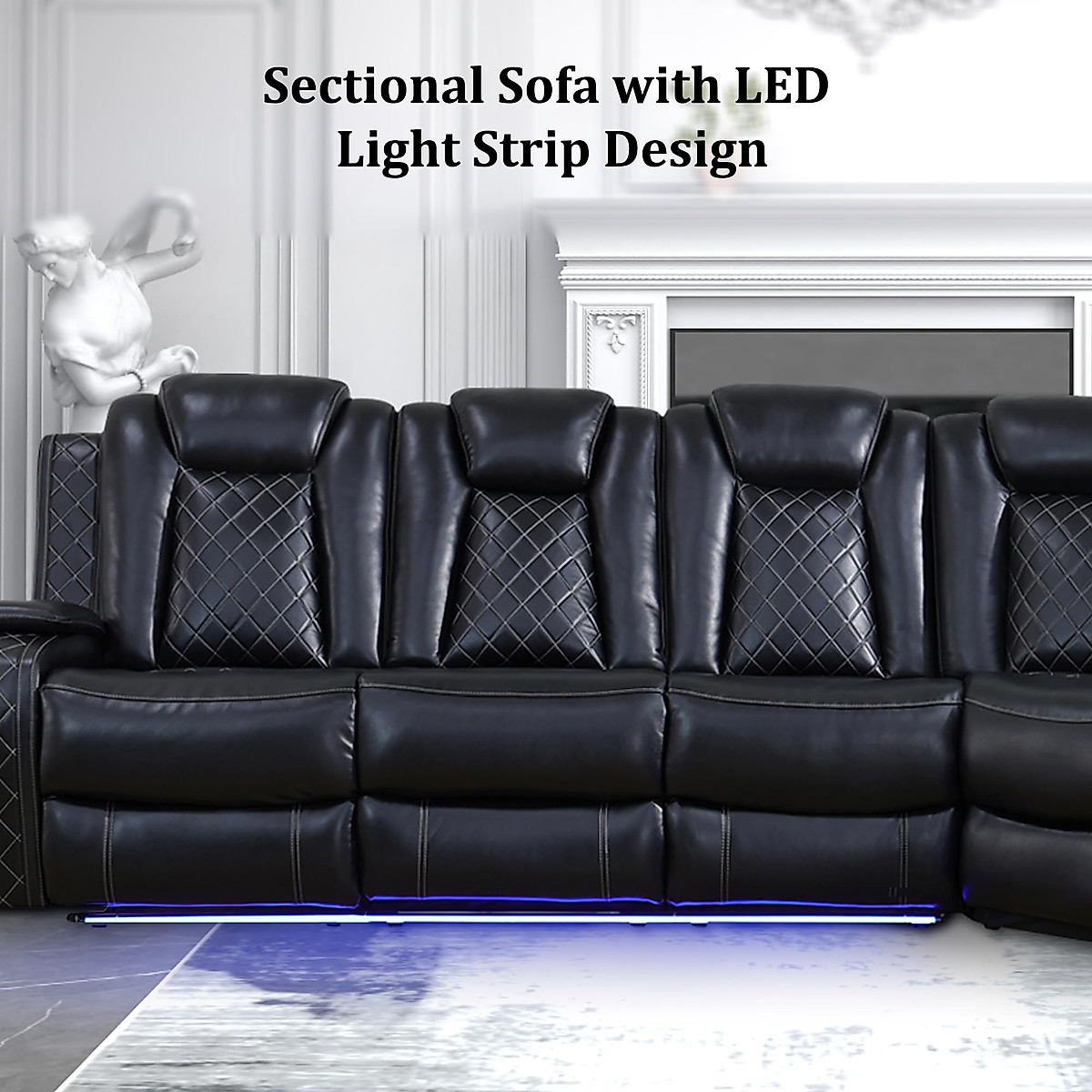Power Recliner Sectional Sofa with LED, Breathing Leather Power Reclining Sofa Set, Sectional Reclining Couch with USB Port/Cup Holder/Storage for Living Room (Black)