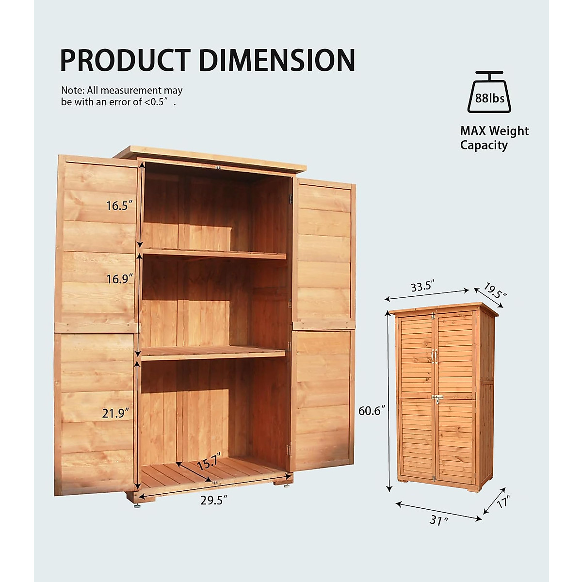 YTGLEN Outdoor Storage Cabinet, Wood Garden Shed, Pool Storage Shed with Lockable Door, Waterproof Roof and 2 Removable Shelves, Vertical Outside Storage Shed for Patio, Backyard and Lawn