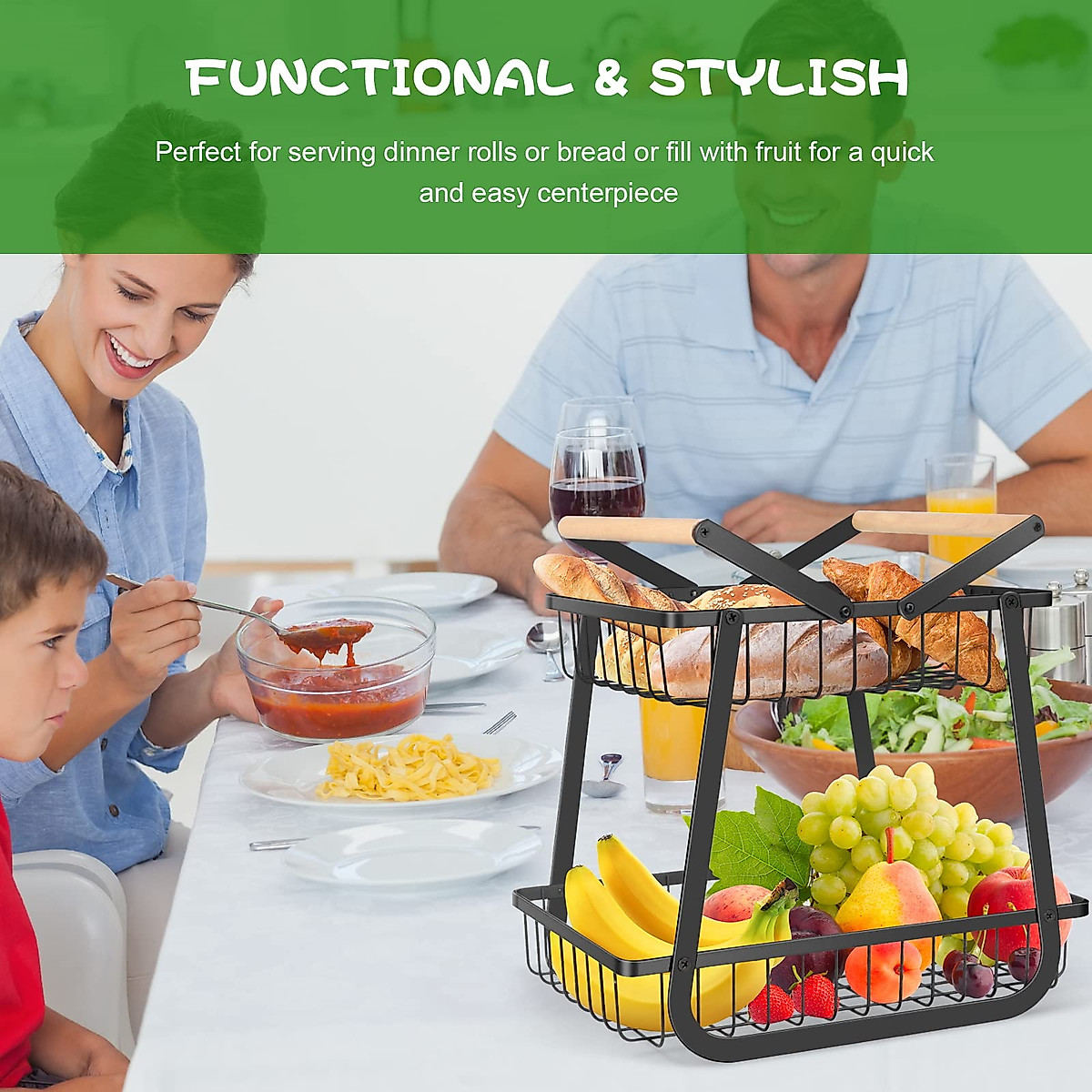 TBMax 2 Tier Fruit Basket for Kitchen Countertop Metal Wire Fruit Bowl with Wooden Handle for Produce Storage Rack, Snack Organizer, Bread Baskets, Vegetable Stand -Black