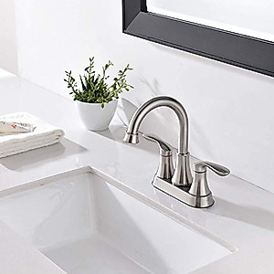 Friho Centerset Lead-Free Modern Commercial 2-Handle Brushed Nickel Bathroom Faucet, 4 inch RV Bathroom Sink Faucet 3 Hole Bath Vanity Faucets with Drain Stopper and Water Hoses