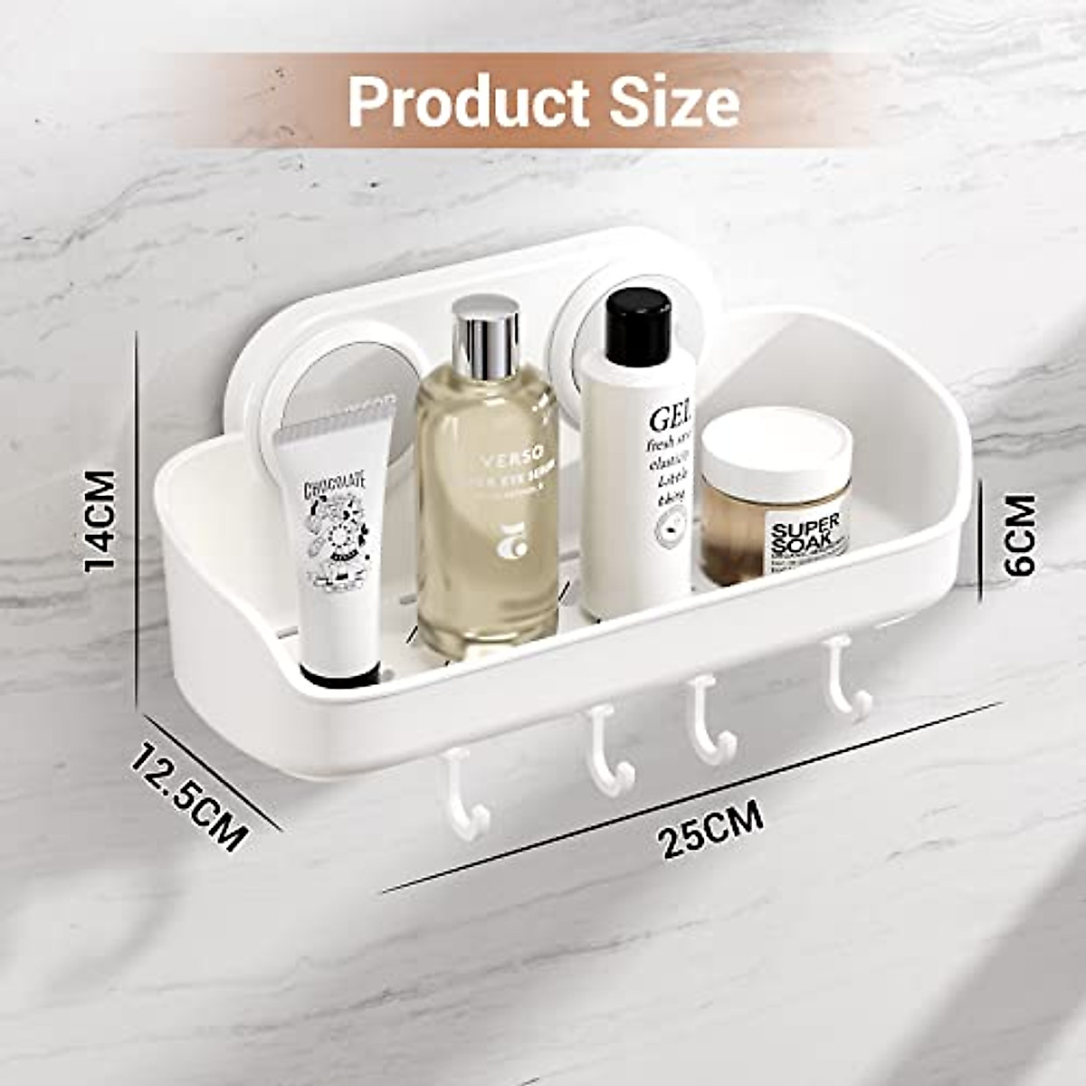 LUXEAR Shower Caddy Suction Cup NO-Drilling Removable Bathroom Shower Shelf Powerful Shower Organizer Max Hold 22lbs Caddy Basket Waterproof & 2 pack shower suction hooks