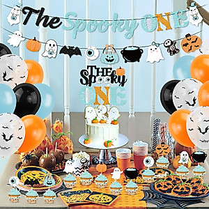K KUMEED Halloween 1st Birthday Party Decorations,The Spooky One Banner Cute Ghost Eyeballs Pumpkin Cake Topper and Latex Balloons for Halloween First Birthday Boys Halloween Birthday Party Supplies