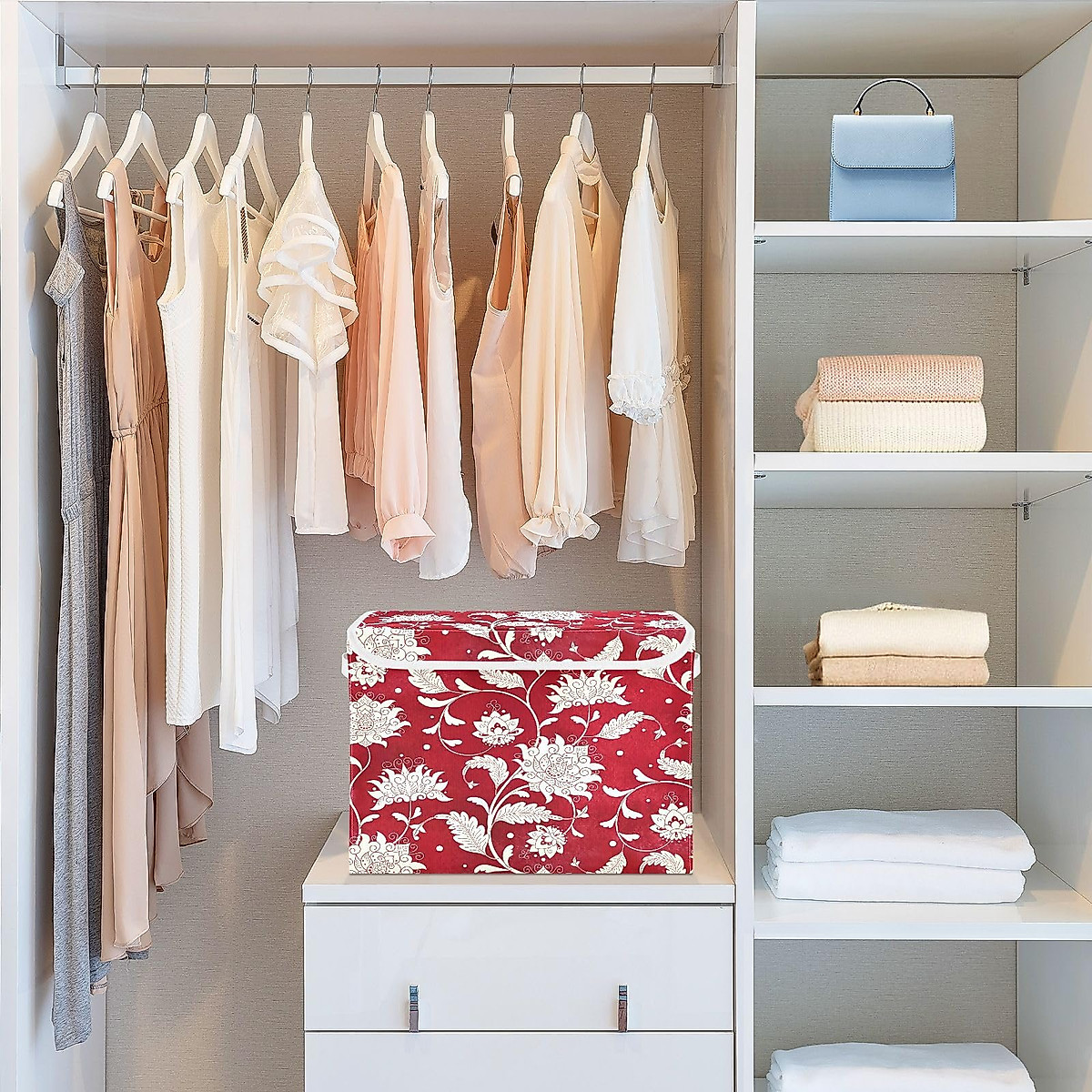 DIGTIA Chinese Traditional Flowers Storage Bins with Lids Red Background Foldable Storage Basket with Handles Collapsible Large Fabric Organizer Containers for Clothes Shelves Closet Office Home Bedro