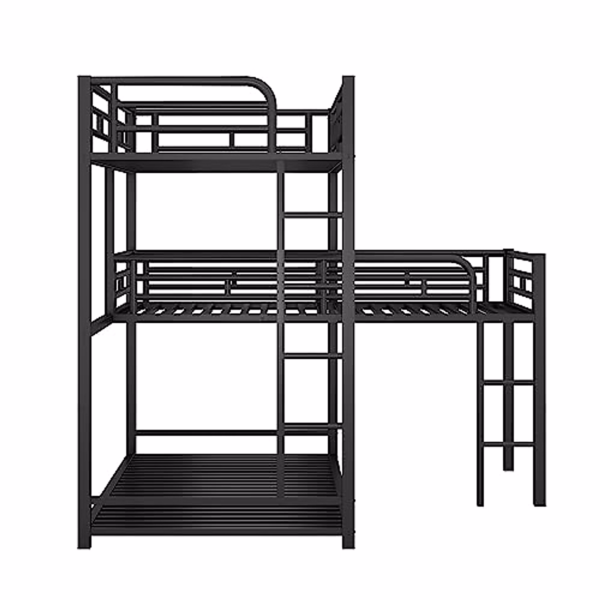 GINGVAT L-Shaped Metal Triple Twin Size Bunk Bed with 2 Built-in Ladder, Loft Bedframe and Safety Guardrails, Modern Style Bedroom Furniture for Children/Teenagers, Black