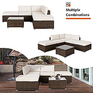 HOMPUS 6-Piece Outdoor Handwoven Sectional Sofa PE Rattan Wicker Couch Corner Conversation Set Furniture Brown Patio Sofa Set w Beige Seat Cushions, Glass Coffee Table for Garden,Yard,Pool
