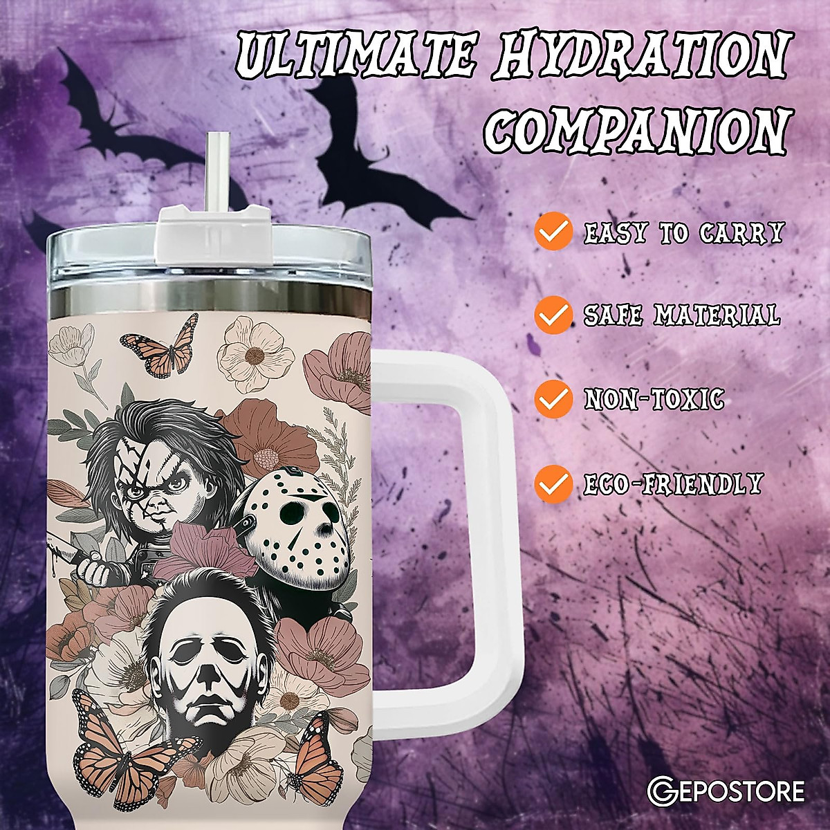 GEPOSTORE Halloweens Gifts for Horror Movie Lover, I'll be There For You 40 oz Tumbler with Handle, Scary Movie Characters Mug, Halloween Mug, Movie Gifts for Halloween Lovers