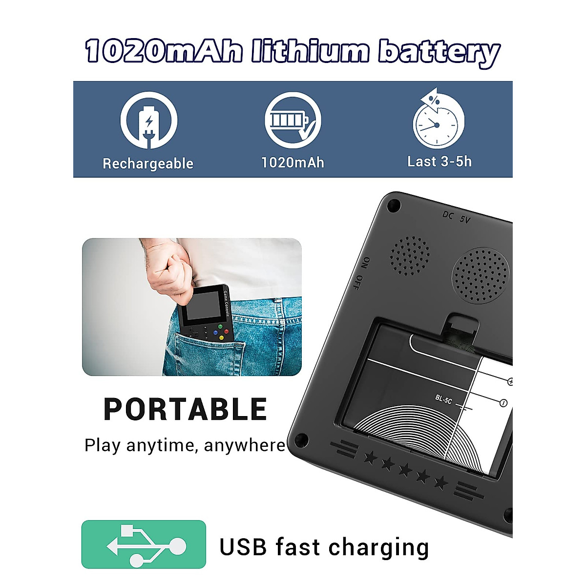 Fadist Handheld Game Console, Retro Mini Game Console with 500 Classic Games, Rechargeable Battery, Portable Games Controller, Support for 2 Players & TV, Ideal Gift for Kids, Friend, Lover (Black)