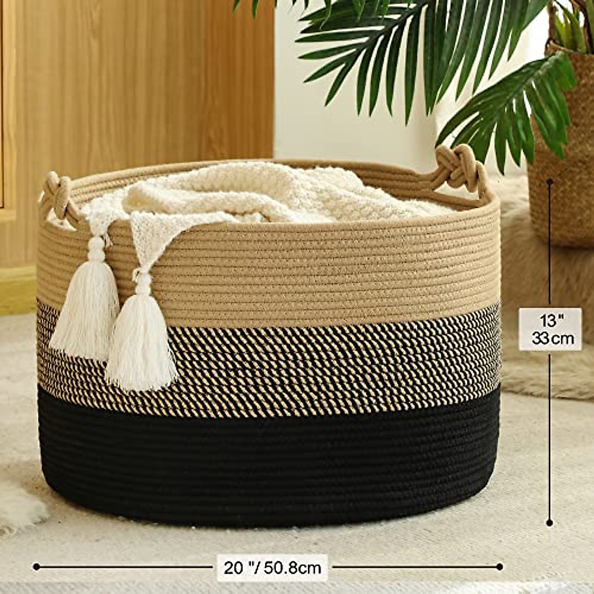 KAKAMAY Large Blanket Basket (20"x13"),Woven Rope Baskets for storage Baby Laundry Hamper, Cotton Rope Blanket Basket for Living Room , Laundry, Nursery, Pillows,Baby Toy chest (Jute/Black)