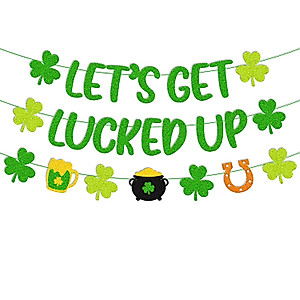 St Patrick Day Banner Let's Get Lucked up Banner St. Patrick Party Decoration Happy Birthday Decoration Green Three Leaf Clover Shamrock Garland for Irish Day Decor Lucky Themed Bday Engagement Baby Shower Bachelorette Party Anniversary Celebration Suppli
