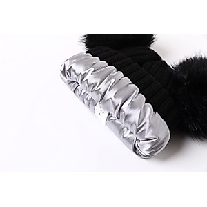 Roniky Womens Winter Hat Cable Knit Silk Satin Lined Beanie for Women Girls Double Faux Fur Pom Pom Ears Black