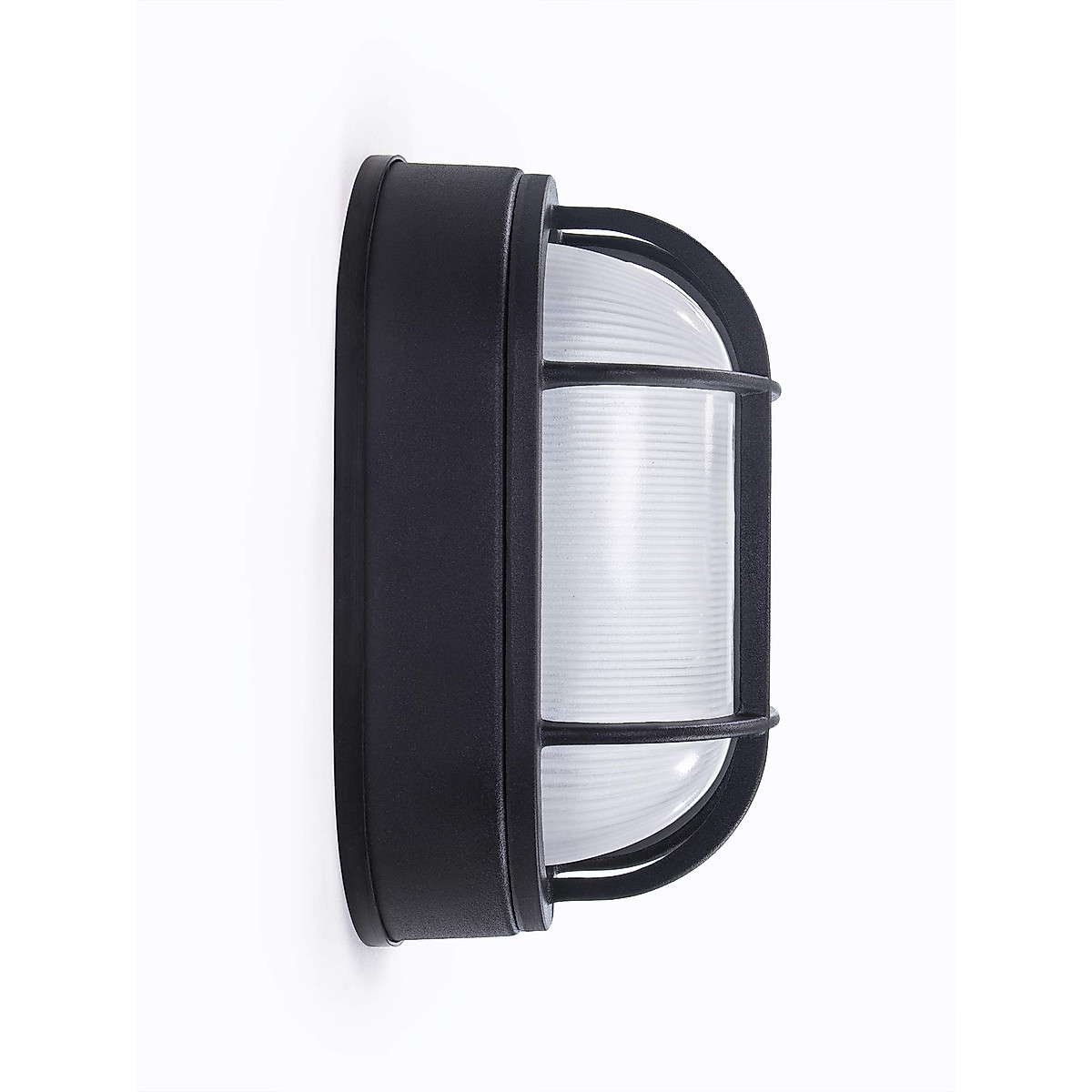 CORAMDEO Outdoor 8.5” Oval LED Nautical Bulkhead Light, Flush Mount for Wall or Ceiling, Wet Location, 75W of Light, 800 Lumens, 3K, Black Cast Aluminum with Frosted Glass Lens