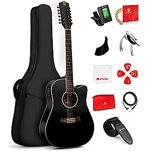 Vangoa 12 String Guitar Acoustic Electric, Upgraded Guitar 12 Strings Bundle for Beginner Intermediate Adults Teens, Guitarra de 12 Cuerdas, Spruce Top Bone Nut, Black, Matte