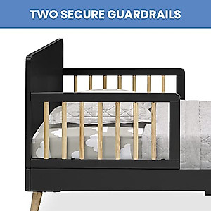 Delta Children Logan Wood Toddler Bed + Simmons Kids SlumberTime Naturally 2-Stage Premium Foam Crib and Toddler Mattress - Waterproof - GREENGUARD Certified [Bundle], Midnight Grey/Natural