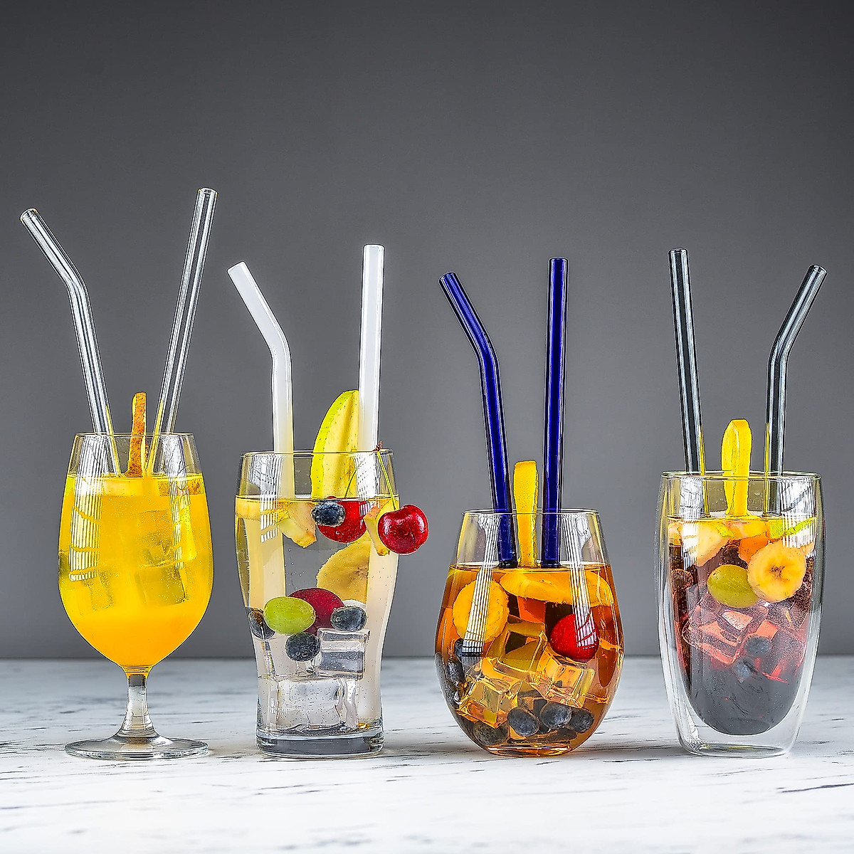 Reusable Glass Straw Set | 8 Multi Color Straws with 2 Cleaning Brushes | 4 Eco Friendly Bent Glass Straws and 4 Straight Glass Tube Straws | Zero Waste Drinking Straws | Dishwasher Safe