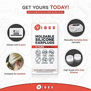 Silicone Ear Plugs - 6 Pairs Vibes Reusable Earplugs For Sleep, Custom Waterproof Moldable Gel, 32 dB Best Sound Blocking Earplug, Noise Reduction in Sleeping, Travel, Swimming, Studying, Construction