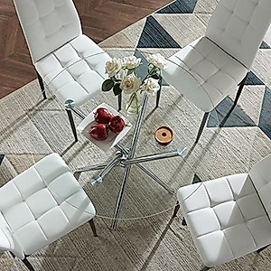 SICOTAS Glass Dining Table Round Kitchen Table with 4 Silver Chrome Legs,Modern Circle Dining Room Tables for 2 or 4,Small Dinner Table for Kitchen,Apartment, Small Spaces,35.4D x 29.5H,Clear