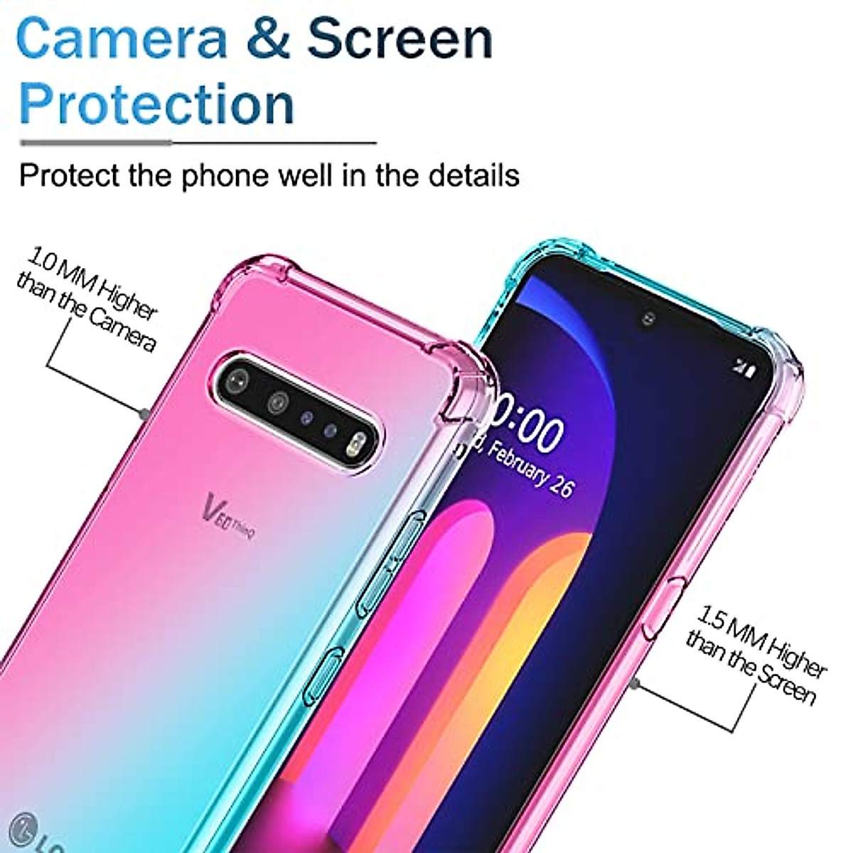 OEURVQO for LG V60 ThinQ 5G Case Clear Cute Gradient Colorful Design Slim Phone Case Soft TPU Cover Shockproof Bumper Anti-Scratch Protective for LG V60 ThinQ (Pink Green)