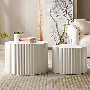 KEVINSPACE Round Coffee Table Set of 2 Nesting CoffeeTable Modern for Living Room, Round End TableSet, Wooden Circle Side Table No Need Assembly Accent Furniture for Bedroom Balcony Lounge White