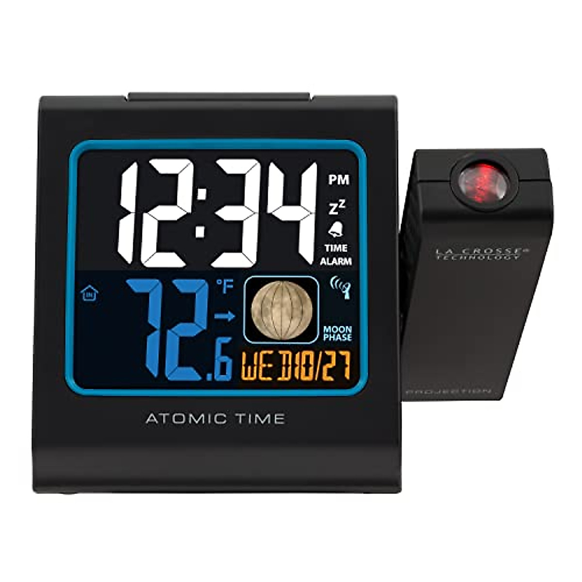 La Crosse Technology 616-146A 5-Inch Color Atomic Projection Alarm Clock with Moon Phase, Black, 5.23"L x 1.96"W x 4.33"H