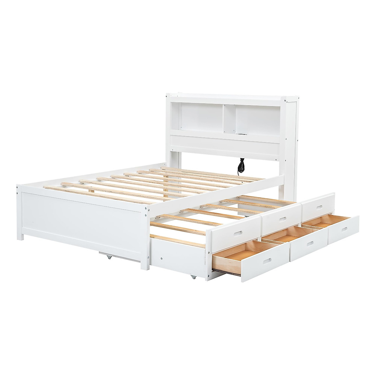 Harper & Bright Designs Full Platform Bed with Twin Size Trundle,Bookcase Headboard,Charging Station and 3 Drawers,Wood Full Storage Bed Frame for Kids,Teens,Adults,No Box Spring Needed (White)