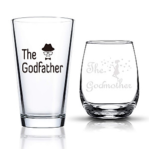 JERIO Godparent Gifts Godmother Wine Glass Godfather Beer Glass Gifts for Godparents