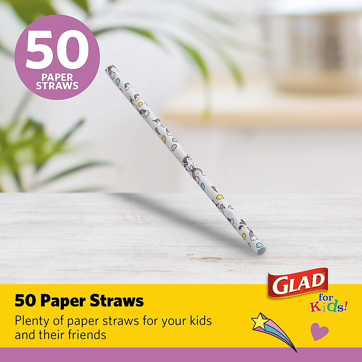 GLAD for Kids Paper Straws | Unicorn Paper Straws With Fun and Adorable Design for Kids | 50 Count Disposable Paper Straws for Drinking | Drinking Straws for Kids