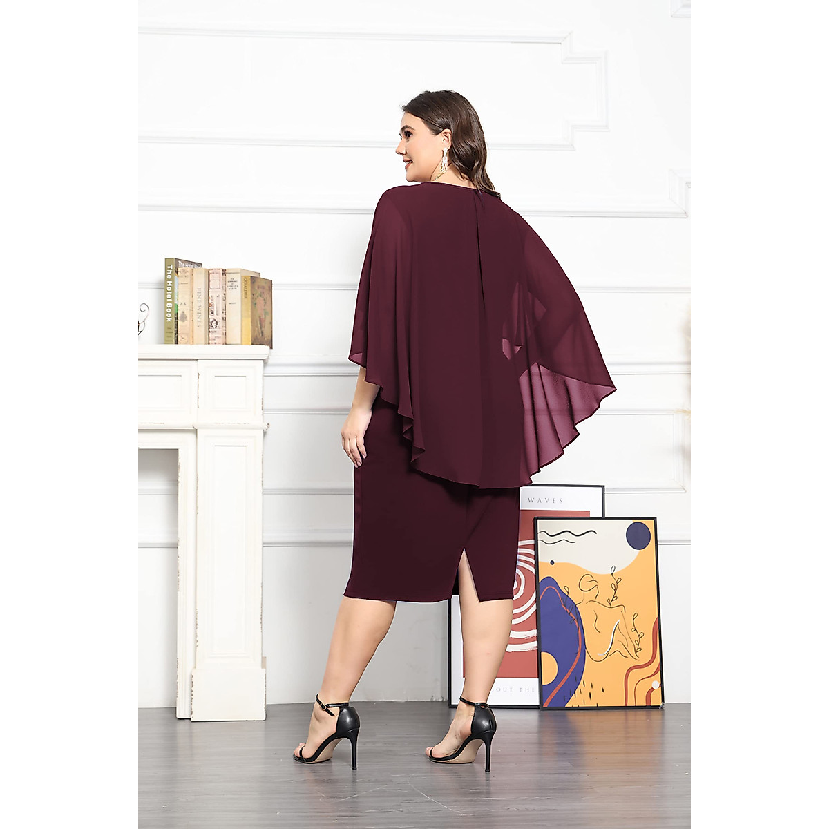 KIMCURVY Women's Cape Chiffon Church Dresses Knee Length Evening Burgundy Pencil Dress L