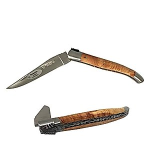 Laguiole en Aubrac Handmade Luxury Double Plates Folding Pocket Knife, 4.8-in (12cm), Juniper Handle, Hand Forged Special Crafting Bee #7, Stainless Steel Bolsters